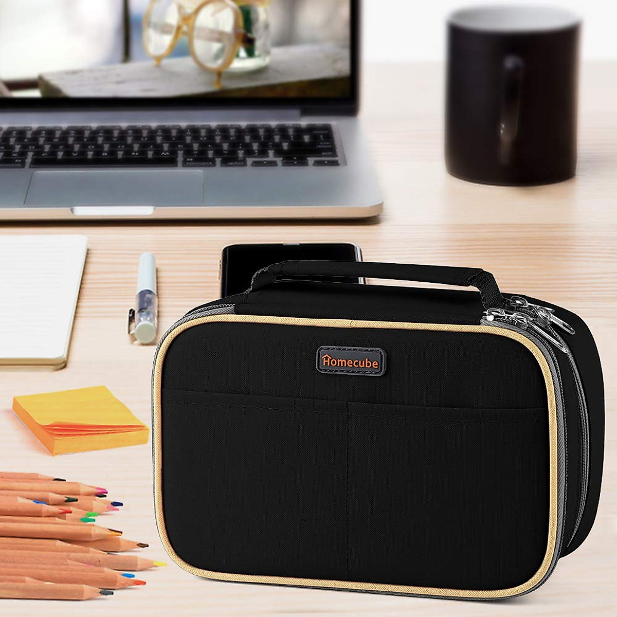 Homecube Pencil Case Large Capacity Storage Pen Bag Makeup Pouch Durable Students Stationery Case Two Layers with Dual Zippers- 8.86x5.5x3.15"- Green