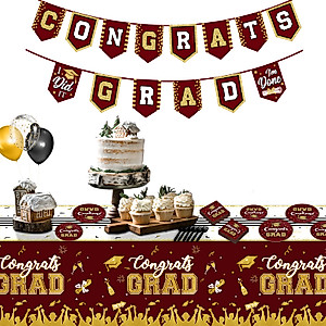 Maroon and Gold Graduation Party Tableware Kit for 24 Guests Class of 2025 Graduates Decorations and Supplies with Congrats Grad Banner, Plates, Graduation Tablecloth, Napkins and More