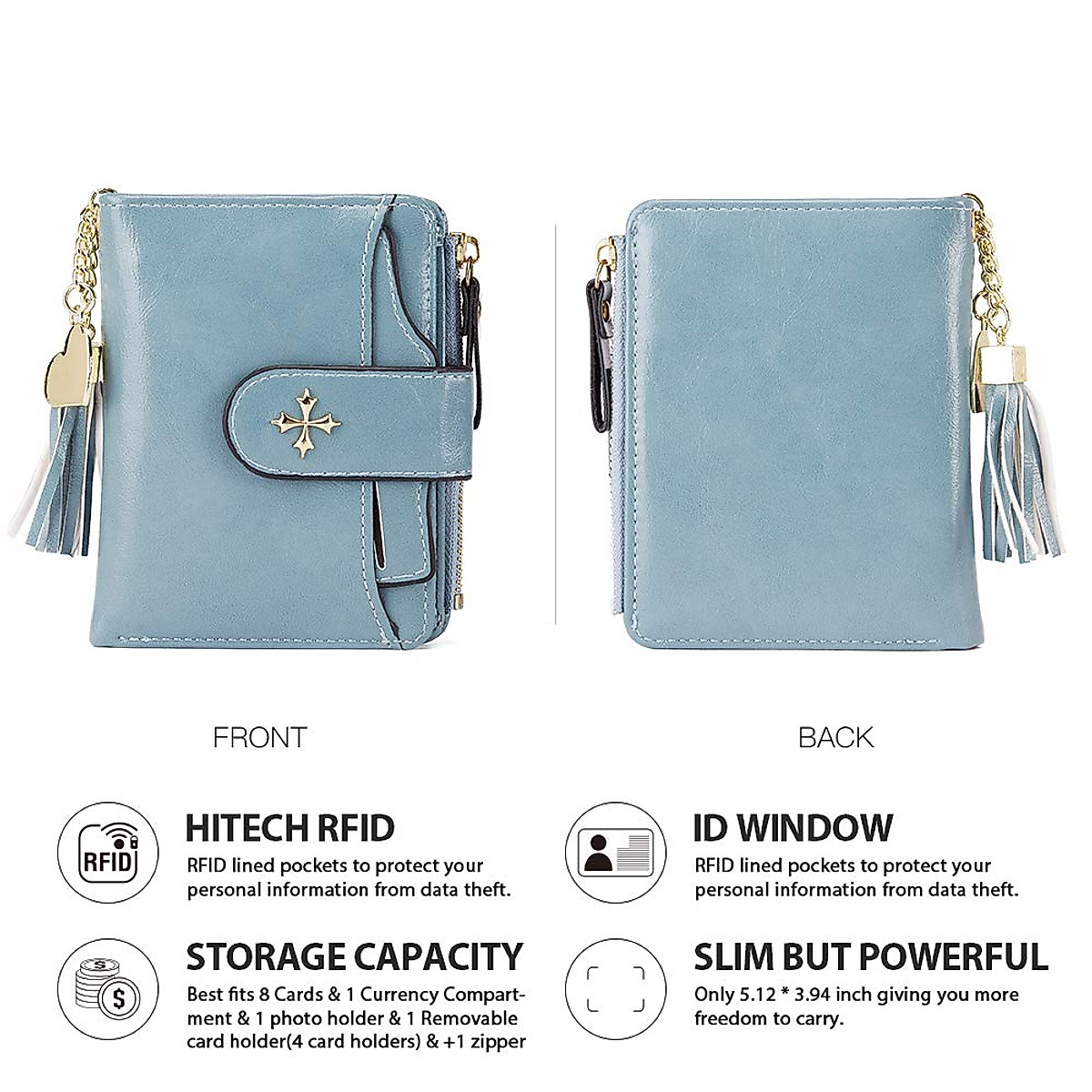 ZLONUBEY Wallet for Women Genuine Leather RFID Blocking Small Women Wallets Bifold Card Case with Zipper Pocket(Blue)