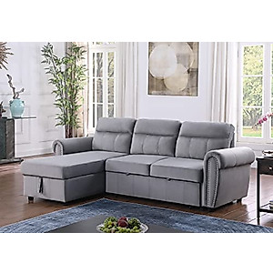 Lilola Home Ashton Gray Velvet Fabric Reversible Sleeper Sectional Sofa Chaise