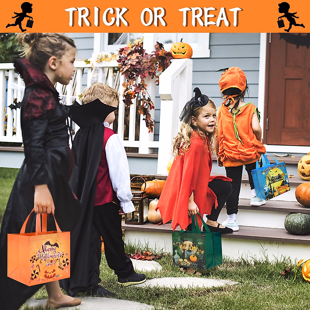 AhfuLife 6 Pcs Halloween Trick or Treat Bags, Halloween Candy Tote Bags with Handles, Reusable Halloween Non-Woven Gift Bags for Halloween Party Supplies Favors (7.8×7.8×5.9’’)