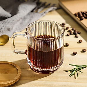 Lysenn Clear Glass Coffee Mug with Lid - Premium Classical Vertical Stripes Glass Tea Cup - for |Latte|Tea|Chocolate|Juice|Water| - Unleaded - Bamboo Lid - 12.5 Ounces