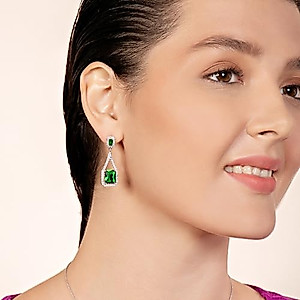 Jewelili Sterling Silver Octagon Simulated Emerald and Round White Clear Crystal Dangle Earrings