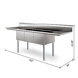 KoolMore 102 in. Three Compartment 18-Gauge Stainless-Steel Commercial Kitchen Sink, Bowl Size 18x24x14, with Three Basins for Washing and Rinsing Dishes with Two Drainboards (KM-SC182414-24B3)