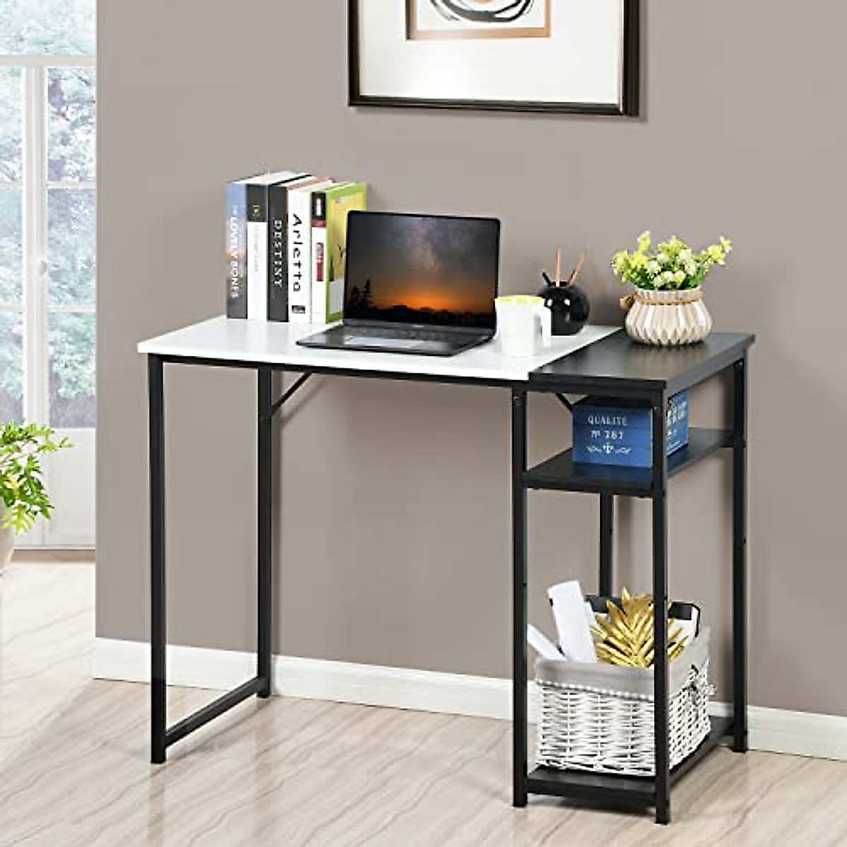 Homy Casa Inc Computer 40 inch Study Writing Table with Storage Shelves Space Saving for Home Office, Modern Simple Style PC Metal Frame Desks, Black White