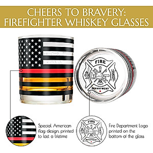 Greenline Goods Thin Red Line Firefighter Whiskey Old Fashioned Glasses (Set of 2) - 10 oz - Classic Glass Drinkware with Fire Fighter Flag Graphics -Shows Support for First Responders