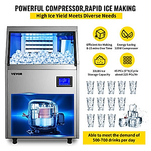 VEVOR Commercial Ice Maker Machine, 130LBS/24H with 33LBS Bin and Electric Water Drain Pump, Stainless Steel Construction, Auto Operation, Include Water Filter 2 Scoops and Connection Hose