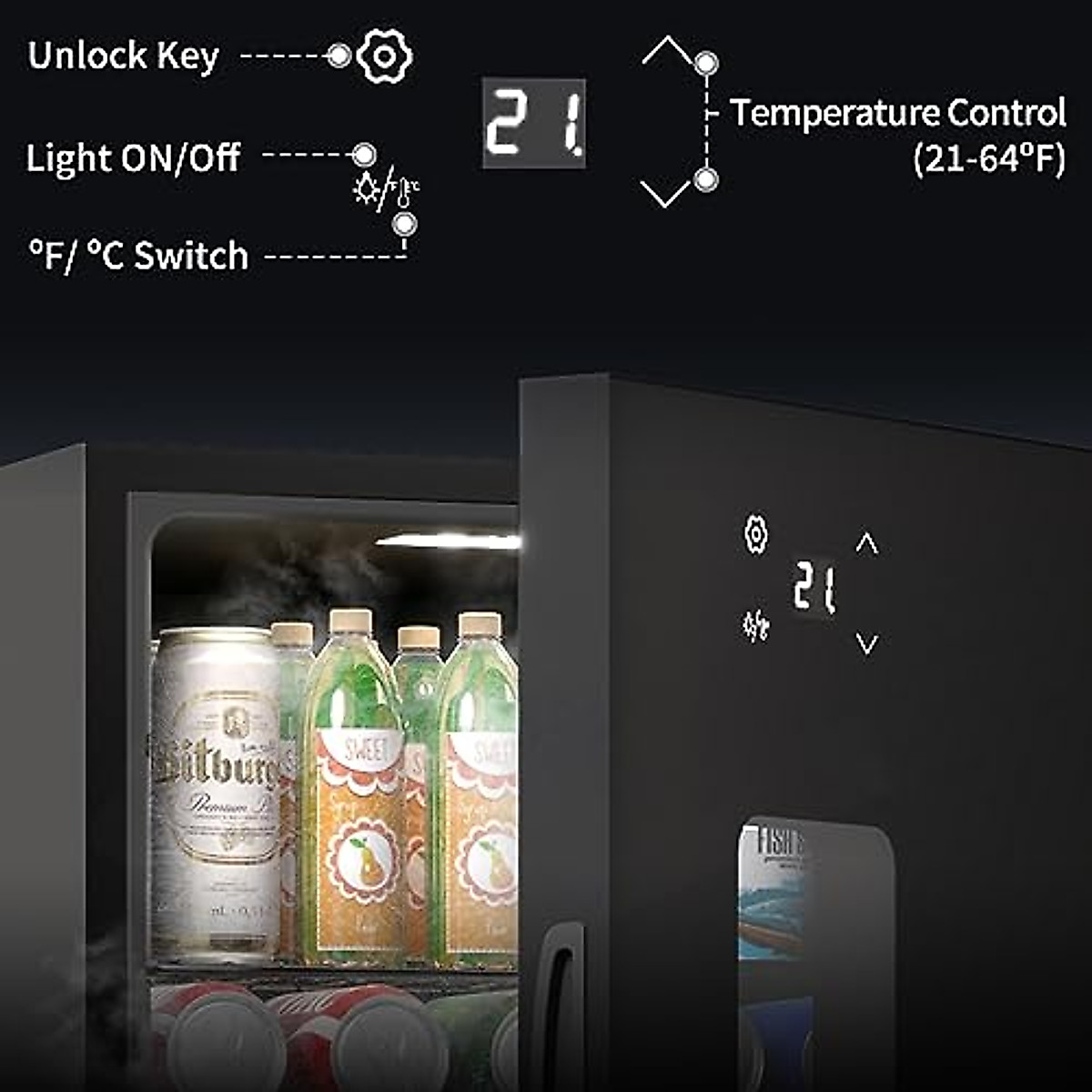 JINJUNYE Beverage Refrigerator and Cooler, 115 Can Beverage Fridge, Cools to 21°F, Mini Fridge Freestanding Beverage for Beverage, Beer Wine, Juice, for Bedroom Bar Office 3 Cu.ft