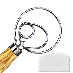 Danish Dough Whisk, Dutch Style Bread Whisk For Dough Cooking Kitchen with Stainless Steel Danish Whisk Bread Mixer 13" and Dough Scraper