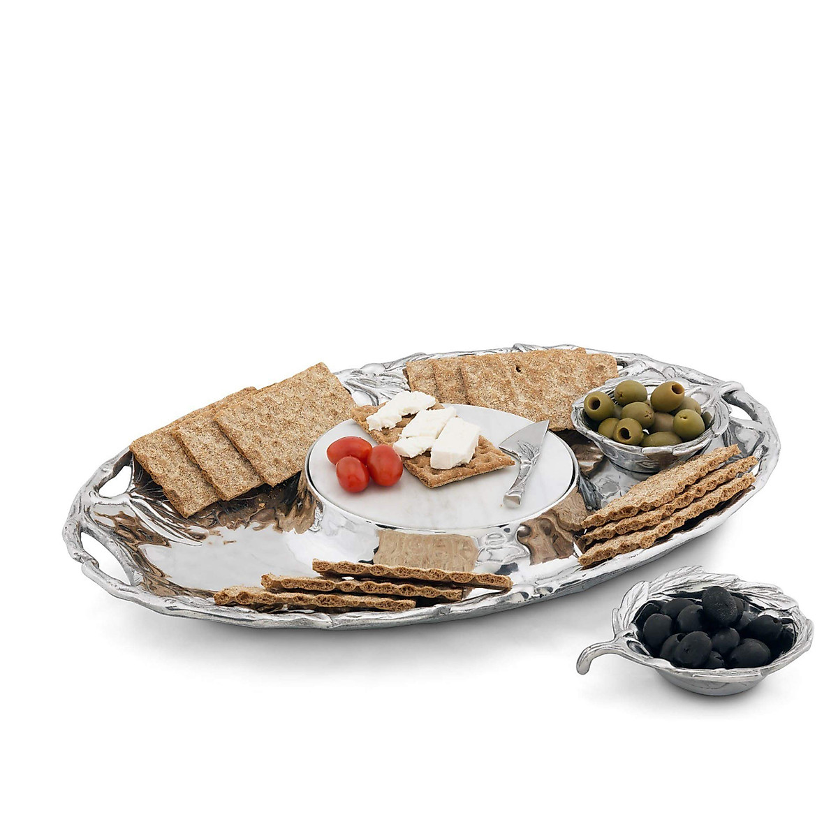 Arthur Court Sand-Cast Aluminum Olive Pattern 5 Piece Entertainment Tray 2 Serving Bowls, Tray, Spread, Marble 20 inch x 13 inch