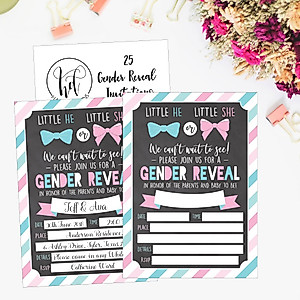25 Pink and Blue Gender Reveal Baby Shower Party Invitation Cards, He or She Personalized For Gender Neutral Unisex Invites Guess If It's a Boy or Girl Sprinkle Fill In The Blank Printable Invite Pack