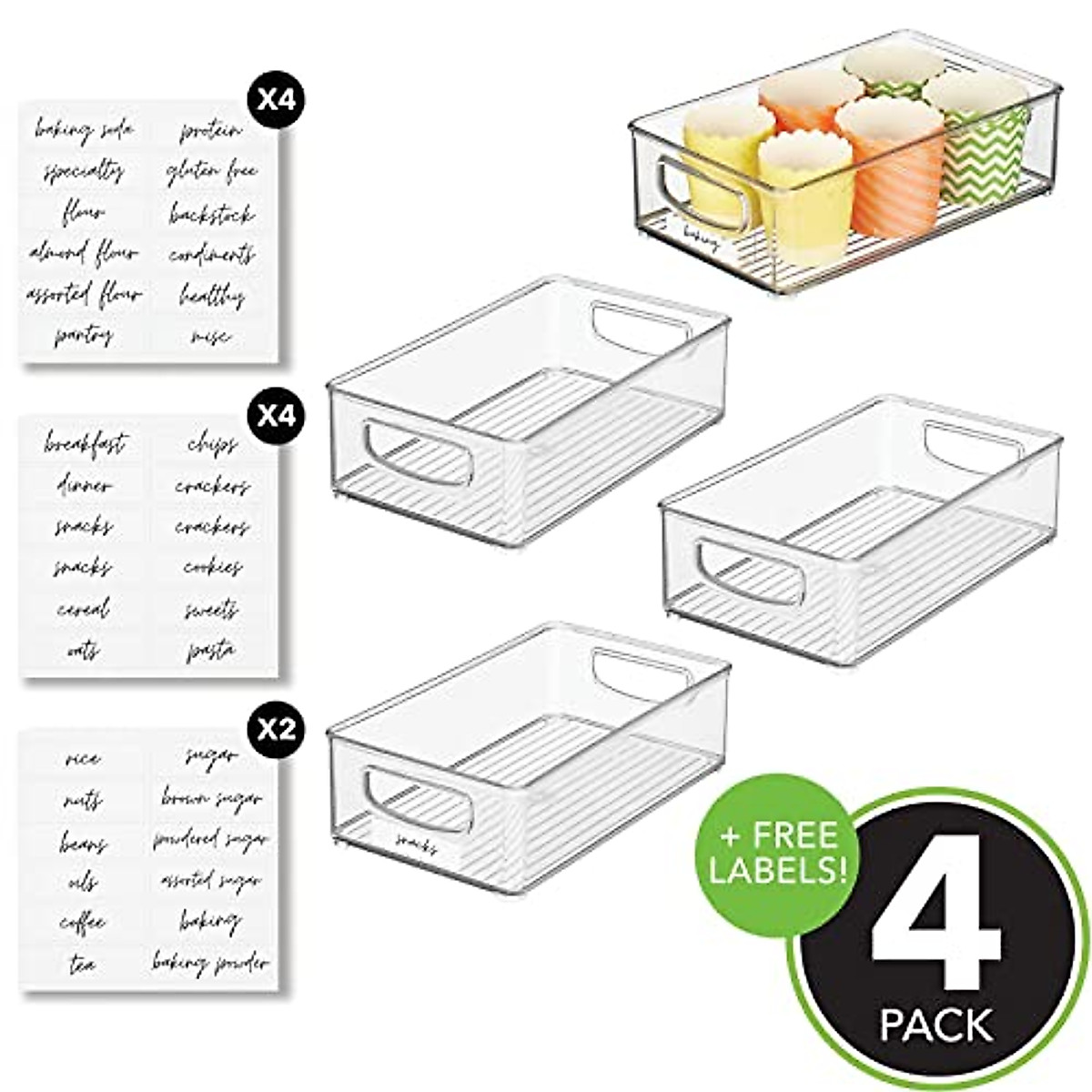 mDesign Plastic Kitchen Bins with Handles and Preprinted Cursive Food Labels Combo Set for Organizing Pantry, Kitchen, Shelves, or Counter, Includes 4 Clear Bins and 120 White Labels with Black Text