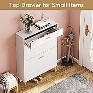 Tribesigns Shoe Cabinet, 16 Pair Shoe Rack Storage Organizer with 2 Flip Drawers, White Entryway Shoe Storage Cabinet for Heels, Boots, Slippers (White)