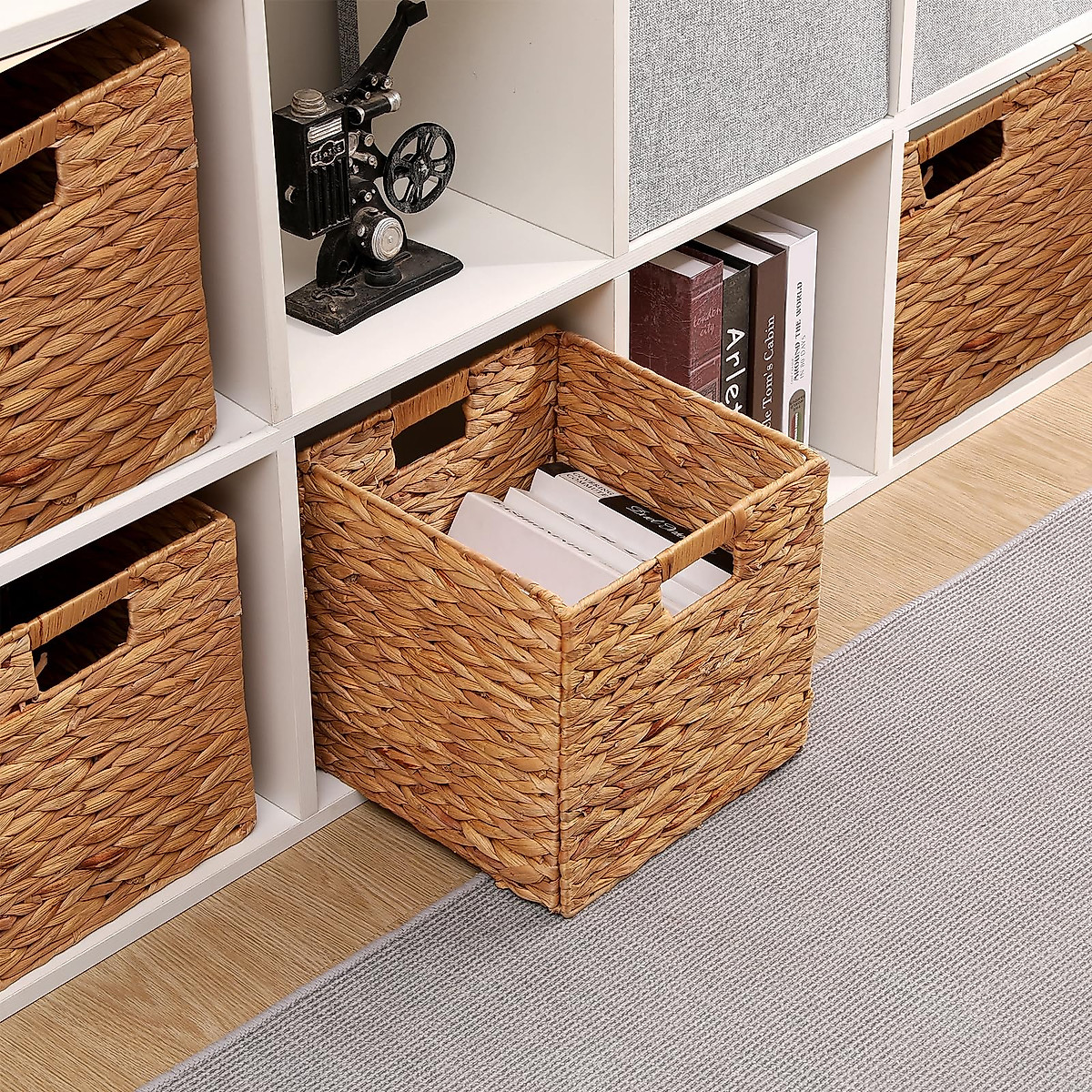 LYJWOO6D Wicker Storage Cubes Wicker Storage Baskets Rectangular Laundry Organizer Totes for Shelves,Foldable Handwoven Water Hyacinth Storage Baskets for Organizing Set of 2 Pcs,11x11x11inch