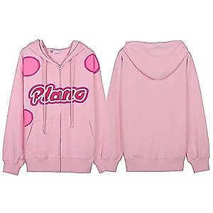 NUFIWI Women Graphic Printed Oversized Y2K Sweatshirt Zip Up Long Sleeve Hoodies Aesthetic Jacket Streetwear with Pockets （Pink, L