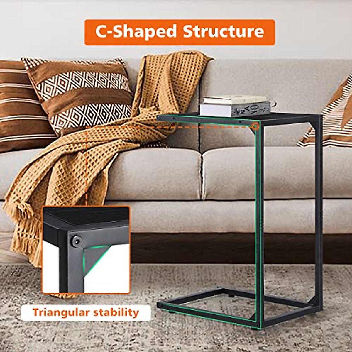 melos C Shaped End Table, Snack Side Table, C Tables for Couch, Couch Tables That Slide Under, for Living Room, Bedroom, Black