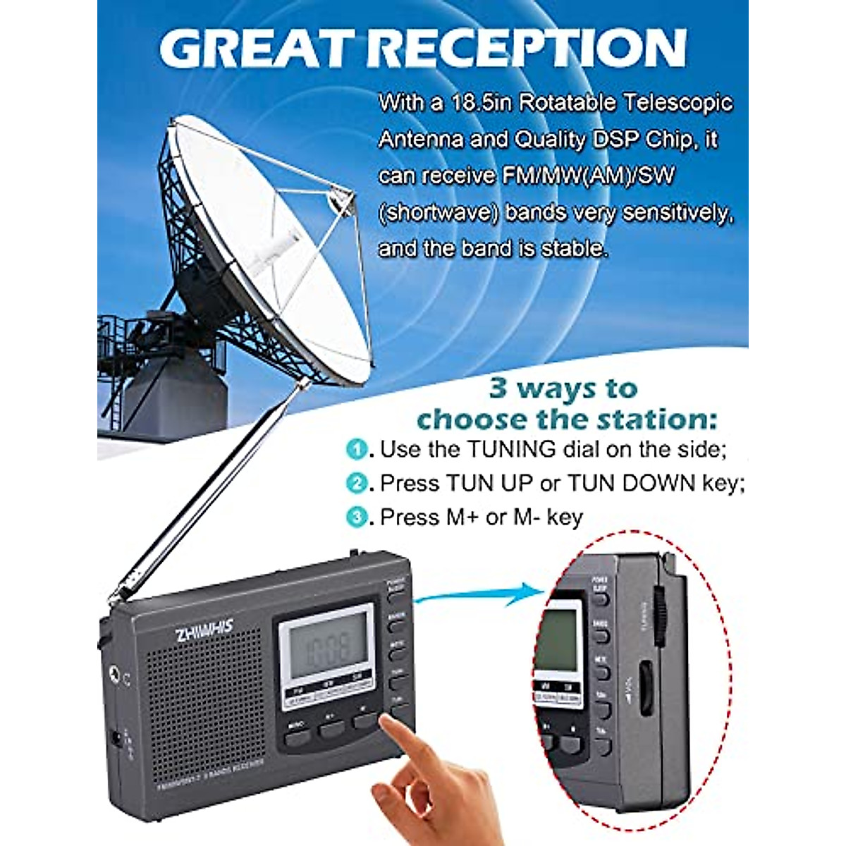 Portable Radio, ZHIWHIS AM FM Shortwave Radios with Best Reception, Battery Operated Clock Radio with Preset Function, Alarm Clock Digital Tuner with Sleep Timer