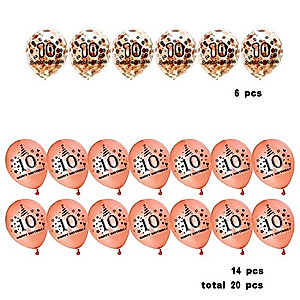 10th Birthday Decorations Banner Balloons - (22pack) Rose Gold Glitter Banner for Girls Boys, Double Digits Banner, Happy 10th Birthday. 20pcs 12 inch Balloons