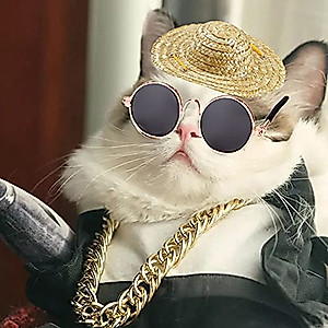 4Pcs Cat Glasses Cat Gold Chain Necktie and Straw Hat, Fashion Cool Pet Sunglasses Adjustable Pet Gold Chain Set Classic Funny Pet Accessories for Cats and Small Dogs