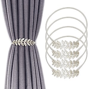 4Pack Aluminum Alloy Spring Design Curtain Tiebacks - Leaf Carving Design Curtain Ties for Drapes - Modern Style Holdbacks (Silver Leaf)