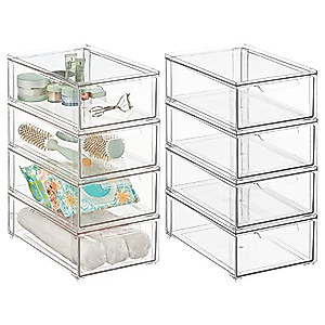 mDesign Plastic Stackable Bathroom Storage Organizer Bin with Pull Out Drawer for Cabinet, Vanity, Shelf, Cupboard, Cabinet, or Closet Organization - Lumiere Collection - 8 Pack - (Clear, 8 x 12 x 4)
