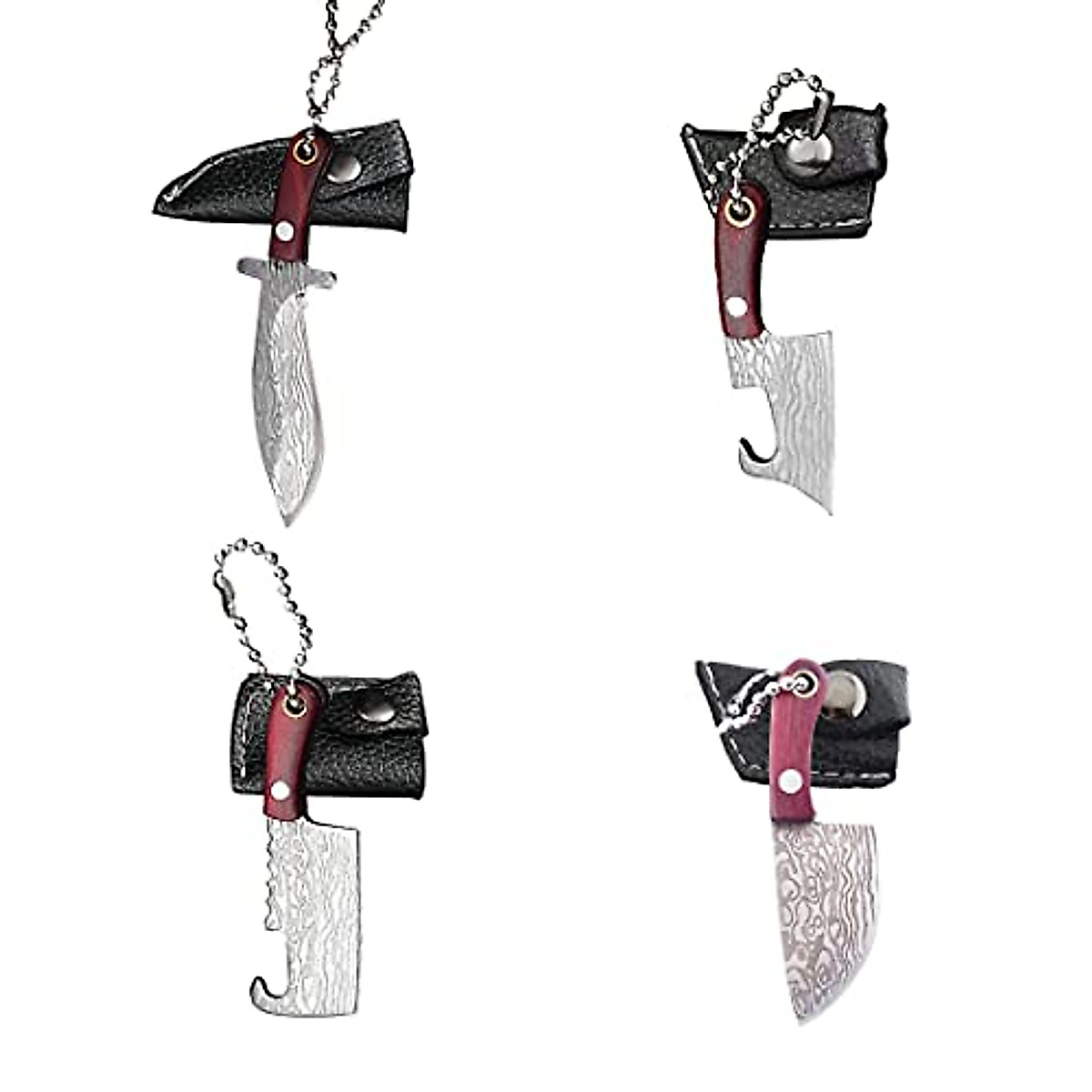 HAOXU Mini Pocket Knife Set Damascus Tiny Knife For Beer Bottle Opener Package Box Cutter Necklace Knife - 4pcs