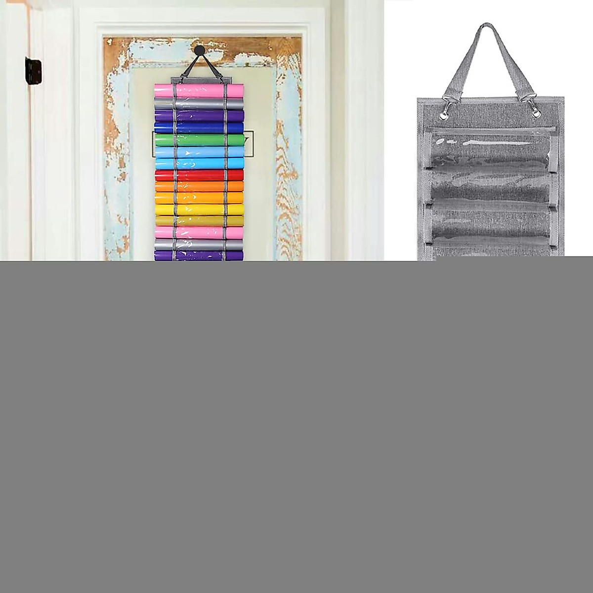 Pilarmuture Vinyl Roll Holder with 24 Compartments, Vinyl Storage Organizer Rack Wall Mount/Hanging Over The Door,Craft Vinyl Roll Storage with Upgrade Door Hooks and Strap for Craft Room(Grey)