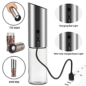 DLD Electric Pepper Grinder USB Rechargeable, Automatic Pepper and Salt Mill Grinder with LED Light, Quick Charging Grinder, Adjustable Coarseness, One Hand Operation