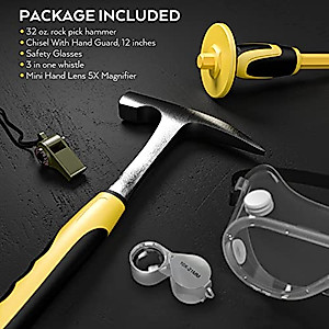 INCLY 5 PCS Geology Rock Pick Equipment Kit, 32 oz. Rock Hammer with 12" Mason Concrete Chisel, Safety Glasses, Whistle, jewelers loupe, Tool Set for Hounding,Gold Mining & Prospecting, Stone Breaking
