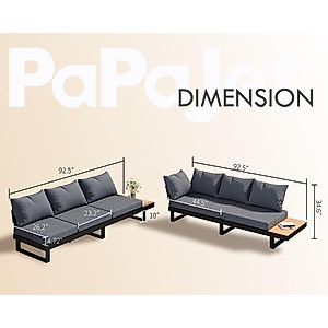 PaPaJet Aluminum Patio Conversation Set with Adjustable Backrest, 3 Piece 3 Seat Modern Outdoor Furniture Set with Wood Grain Plastic Top Side Table for Backyard Poolside Porch, Gray