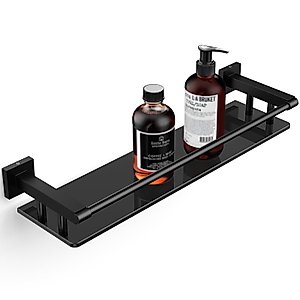 SFGSOWOR Bathroom Glass Shelf with Towel Bar/Rack 20 inches Wall-mounted Shelves Tempered Glass Sink Toilet Organizer Shower Towel Decorative Storage (Matte Black, 20‘’)