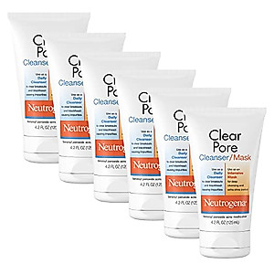 Neutrogena Clear Pore 2 in 1 Facial Cleanser/Face Mask with Kaolin & Bentonite Clay & 3.5% Benzoyl Peroxide Acne Treatment Medication, Daily Face Wash & Shine Control Clay Mask, 4.2 fl. Oz (Pack of 6)