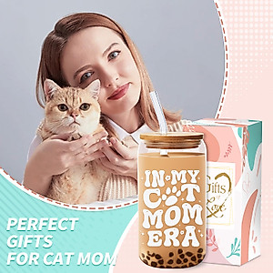 In My Cat Mom Cup Gifts for Cat Lover Cat Mom Gifts - 16 oz Cool Cat Mom Glass Coffee Cup with Straw and Lid - Unique Birthday Gift for Mothers Day Christmas for Cat Owners Cat Moms Gifts