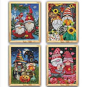 Eiazuiks 4 Packs Stamping Cross Stitch Kit, Gnome Counting Cross Stitch Kit for Adult Beginners, Full Line DIY Cross Stitch Stitching Kit for Home Decor Cross Stitch Patterns 11.8x15.7 inches