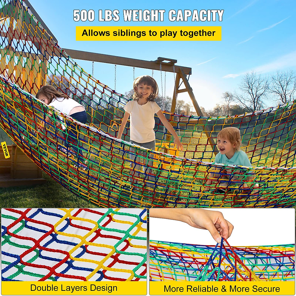 VEVOR Climbing Cargo Net, 14.8 x 10.5 ft Playground Climbing Cargo Net, Polyester Double Layers Cargo Net Climbing Outdoor w/500lbs Weight Capacity, Rope Bridge Net for Tree House, Monkey Bar, Rainbow