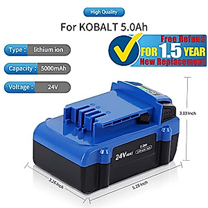 【Upgrade!!】 CaliHutt 24V 5.0Ah High Capacity Replace Battery for Kobalt 24V Battery Max KB624-03 KB524-03 KB424-03 KB224-03 Lithium Ion Cordless Tools Battery[Can't FIT Snow Joe &Sun Joe &Chain Saw]