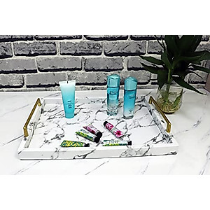 MCBZ Home furnishings, Serving Trays, Coffee Table Decorative Trays, Marbled Leather Trays, Gold Handle Storage Trays (White/Marbled)