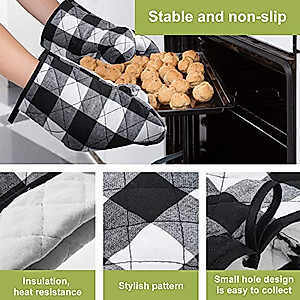 7 Pieces Buffalo Check Dish Towels Pot Holders Oven Mitts Set Cotton Plaid Kitchen Dish Towels Non-Slip Heat Resistant Oven Mitts and Pot Holders for Cooking Baking Grilling Supply (Black with White)