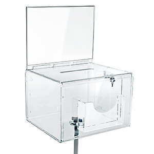 Azar Displays 206325-CLR Suggestion Box with Lock and Keys, Donation Box, Offering Box, Locked Display Stand, Acrylic Sign Holder on Pedestal, Clear Locking Box with Slot, 11"x 8.25"x8.25"
