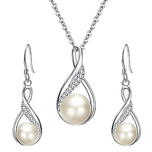 EleQueen 925 Sterling Silver CZ Freshwater Cultured Pearls Bridal Pendant Necklace Earrings Wedding Jewelry Sets, Valentine's Day/Mother's Day/Christmas Jewelry Gift for Girlfriend/Mom