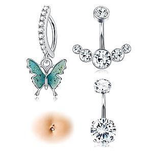 FIASASO 3Pcs 14G Belly Button Ring for Women 316L Surgical Steel CZ Opal Belly Ring Simple Reverse Navel Rings Body Jewelry Butterfly