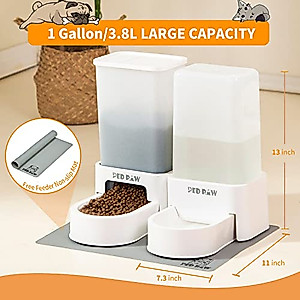 Automatic Food and Water Dispenser Set for Cat Dog, Gravity Auto Feeder Waterer Large Capacity 1 Gallon x 2 for Small Medium Large Pet with Mat