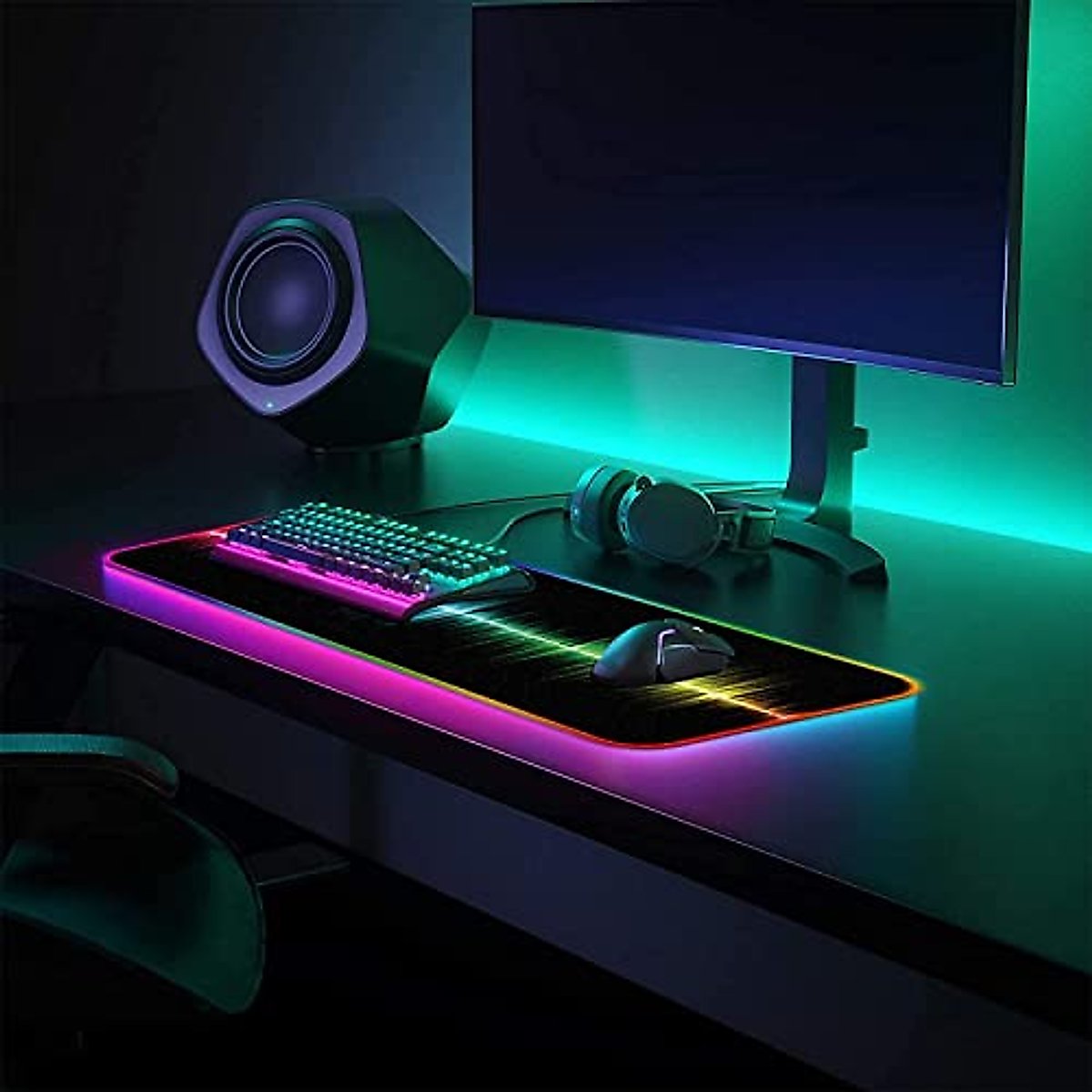 Gaming Mouse Pads Green Hexagon Texture Pattern RGB Gaming Mouse Mat LED Glowing Computer Keyboard Carpet XXL with 14 Lighting Modes Desk Pad,400x800mm