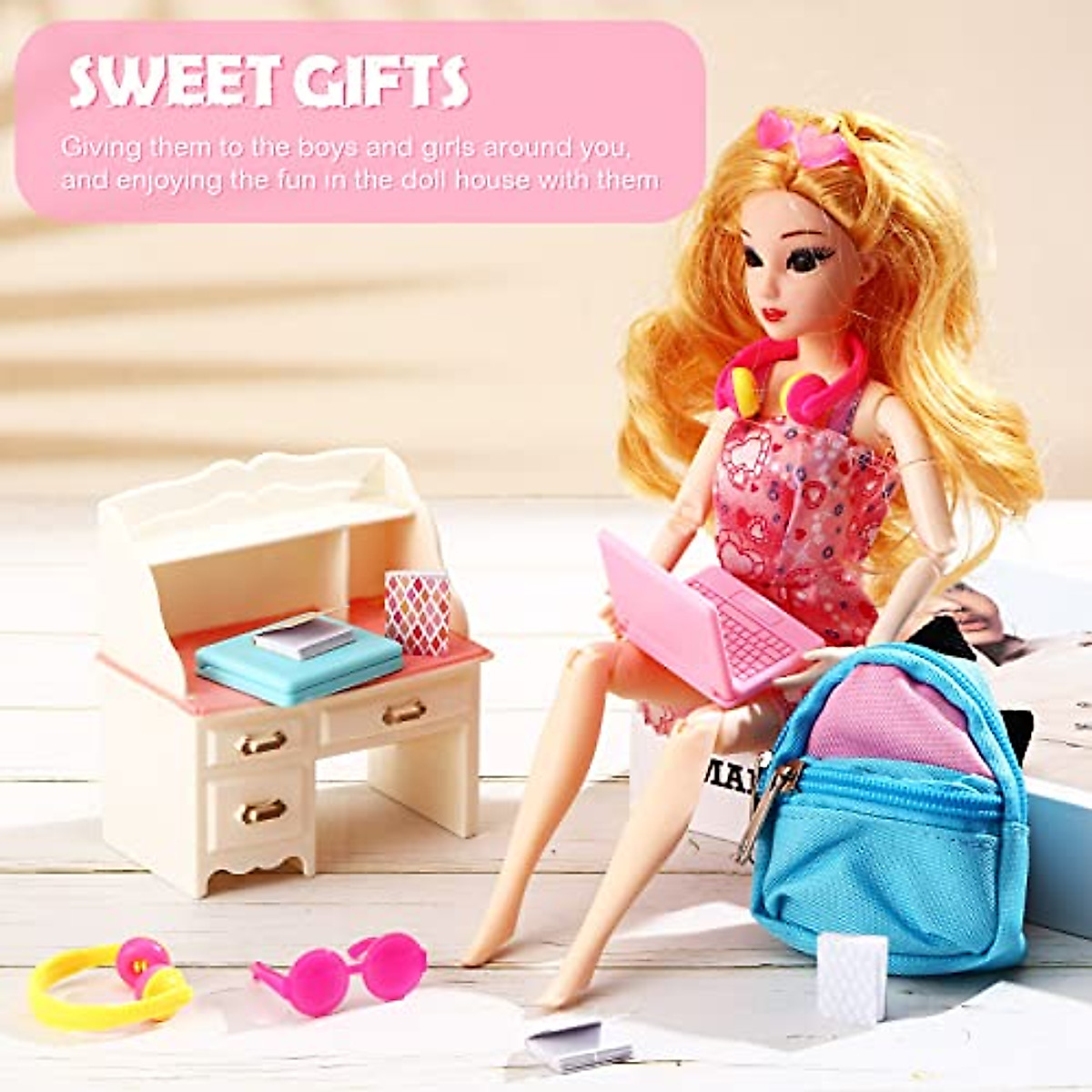 20 Pieces Doll Backpack Set Dollhouse School Accessories Doll Travel Supplies Include Mini Laptop Scene Simulation Backpack Bag with Zipper Mini Headsets Toy Sunglasses Book for 1/12 1/6 Scale