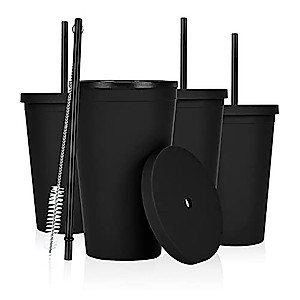 Waipfaru 4 Pack Acrylic Tumbler 16Oz, Acrylic Tumbler with Lids and Straws, Matte Colored Plastic Tumbler for Customized Gift, Double Wall Plastic Tumbler for Cold Hot Drinks (Black)