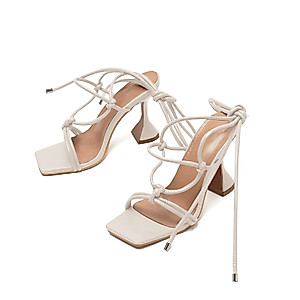 Coutgo Strappy Heels for Women, Lace Up Square Open Toe Dress Sandals, Stiletto Heeled for Summer Party