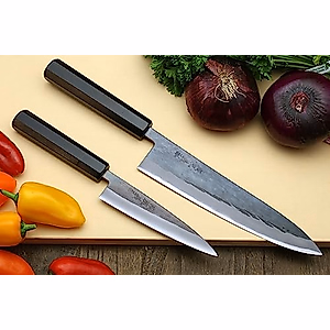 Yoshihiro Kurouchi Black-Forged Blue Steel Stainless Clad Gyuto Chefs Knife and Petty Utility Knife 2pc Set Ebony Handle (Gyuto 210mm & Petty 135mm)
