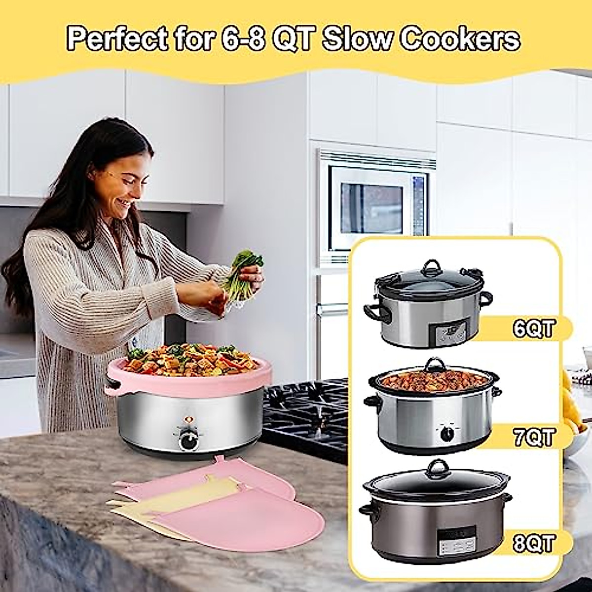 KAKALGAME 3 Pack Slow Cooker Liners,Reusable Silicone Slow Cooker Liners,Compatible with Crockpot 6-8 Quarts Oval or Round Pots - Safe Food Grade Silicone, Heat-resistant, Leakproof and Dishwasher