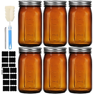 TOEKSIX Amber Glass Mason Jars Wide Mouth 32 oz/Quart with Airtight Lids and Bands 6 Pack, Amber Glass Jars for Canning, Preserving, Jam, Sauces,Pickle Fermenting, Beverages, DIY Projects