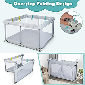INFANS Baby Playpen Foldable, 50’’x50’’ Large Baby Playard for Toddlers with Gate, Soft Visible Mesh, Indoor Outdoor Kids Activity Center Baby Fence with 4 Handlers 50 Ocean Balls (Gray)